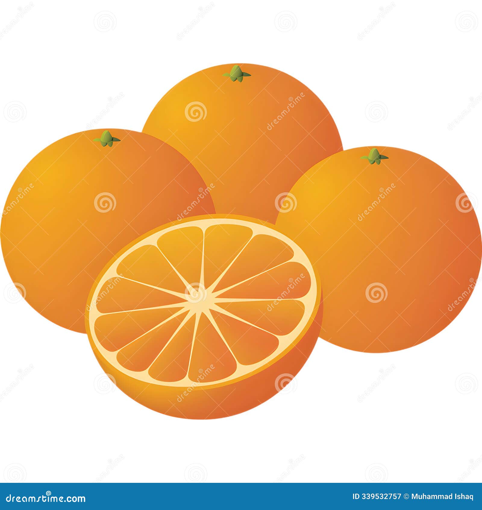Three Oranges, One Sliced, Vibrant Orange Color, Positioned on a White ...