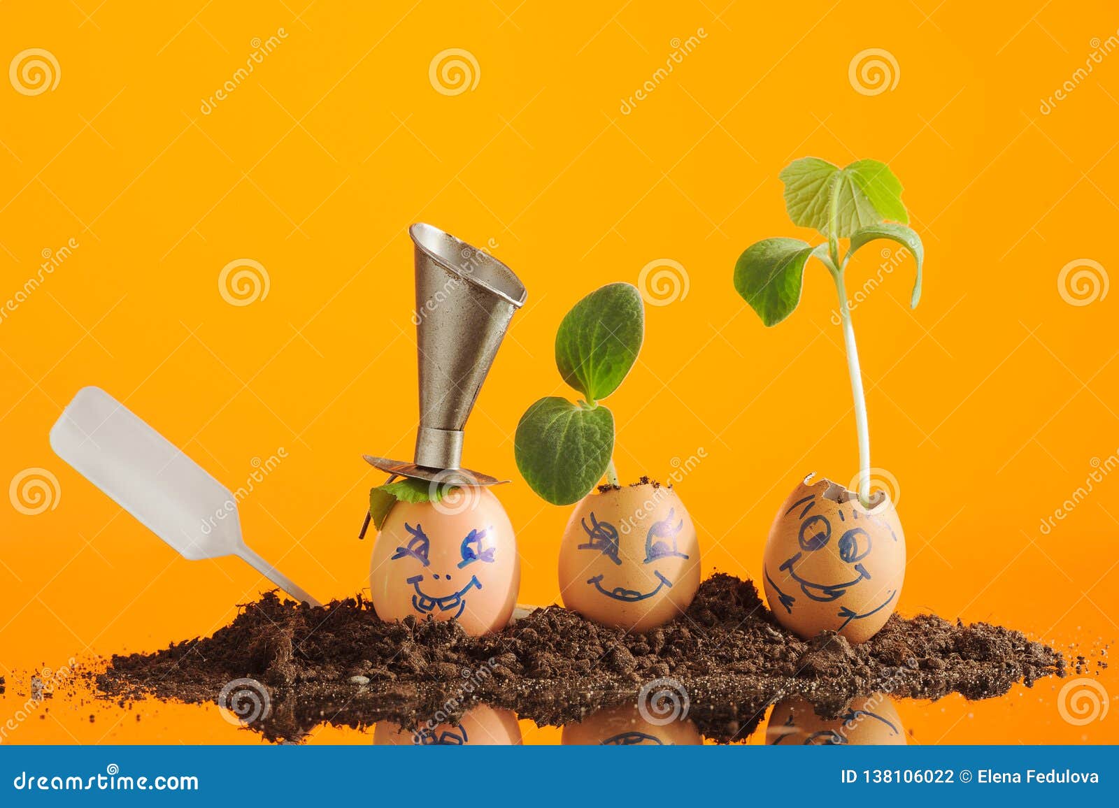 Three Organic Seedling Plants in Funny Easter Eggs, Smiling Faces with ...