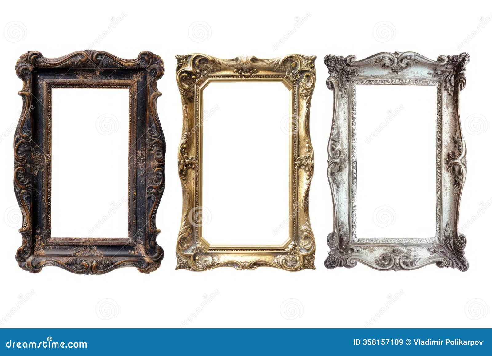 Three Ornate Gold Frames on a White Background, Ideal for Decorative or ...