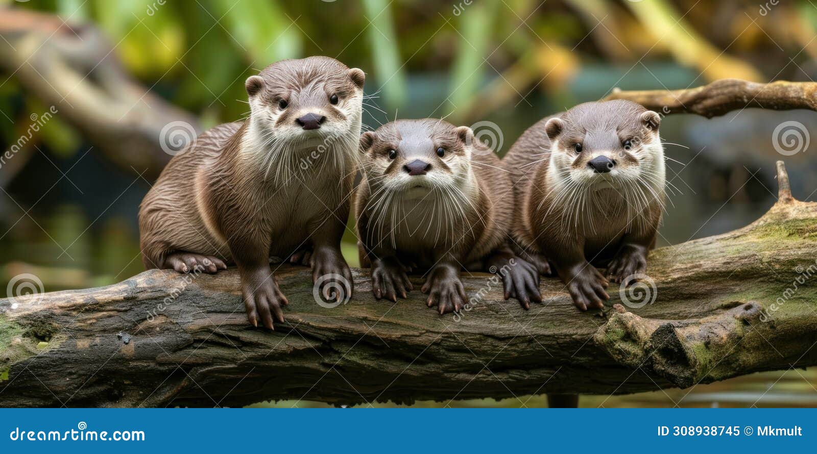 Three Otters Perched on Tree Branch Stock Image - Image of claws ...