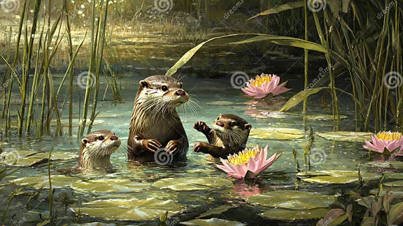Three Otters in a Pond with Lily Pads Stock Photo - Image of nature ...