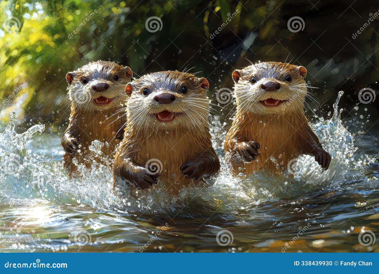 Three Otters Splashing in Water Stock Illustration - Illustration of ...