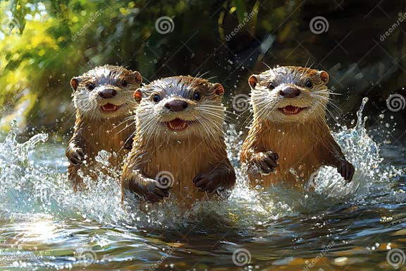 Three Otters Splashing in Water Stock Illustration - Illustration of ...