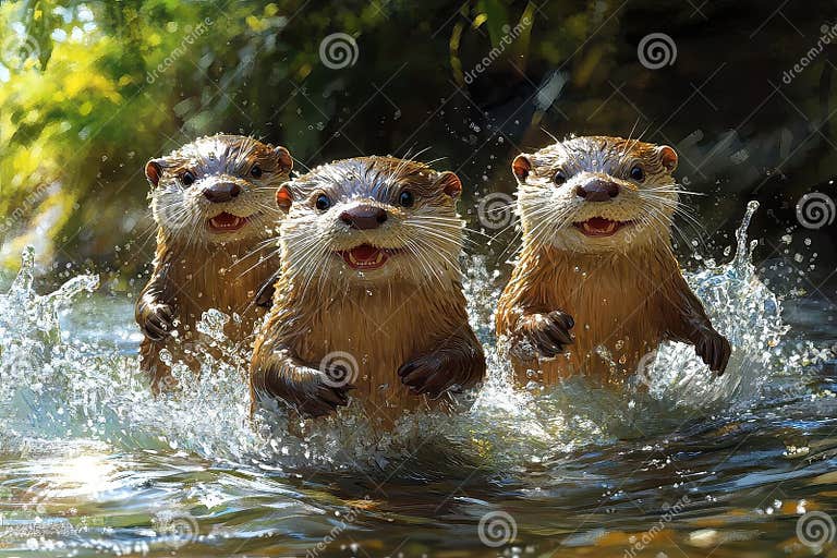 Three Otters Splashing in Water Stock Illustration - Illustration of ...