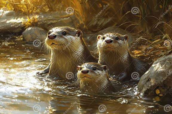 Three Otters in a Stream stock illustration. Illustration of otters ...