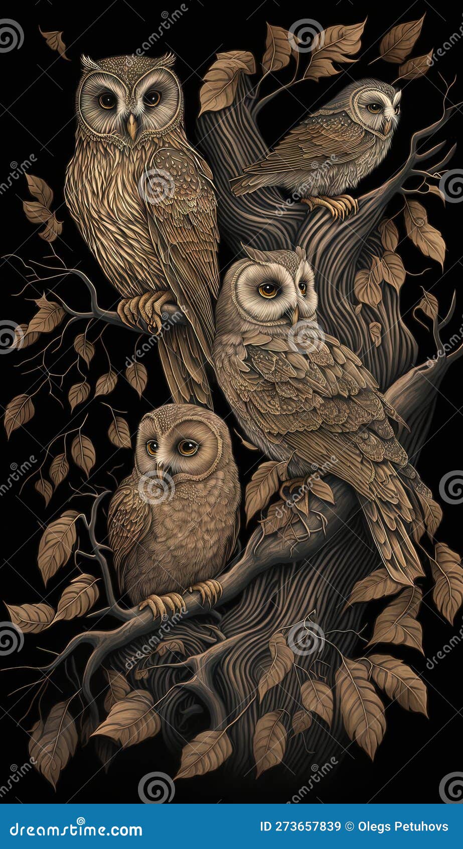 Three Owls Sitting on a Tree Branch in a Black Background Stock ...