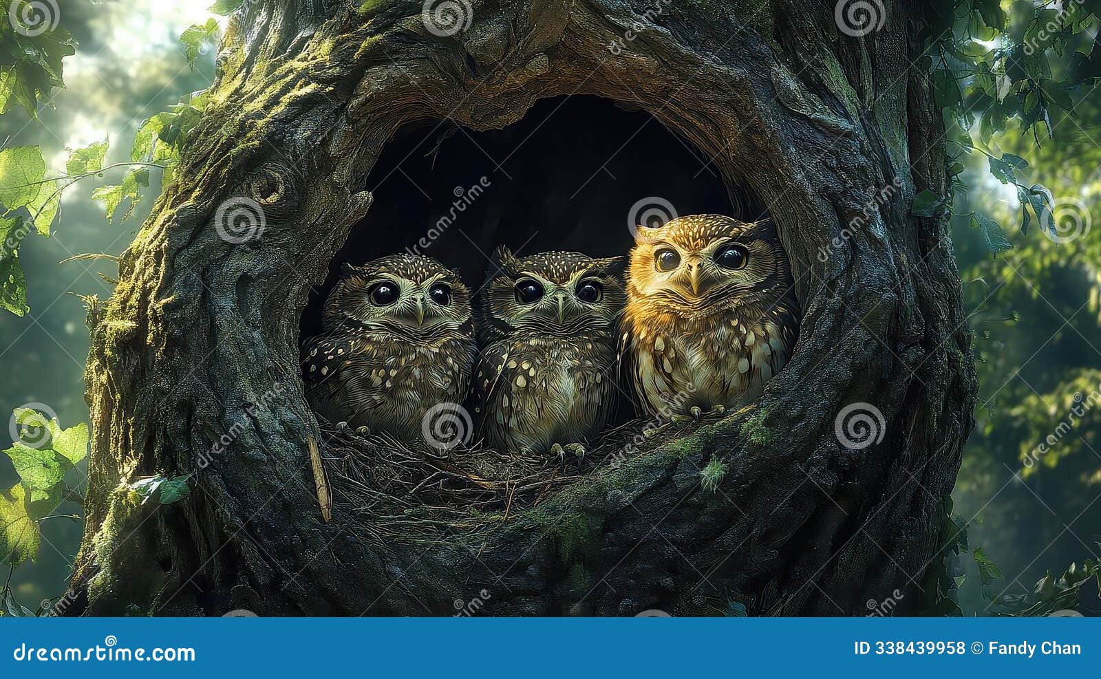 Three Owls Observe From A Branch On A Full Moon Night Stock Image ...