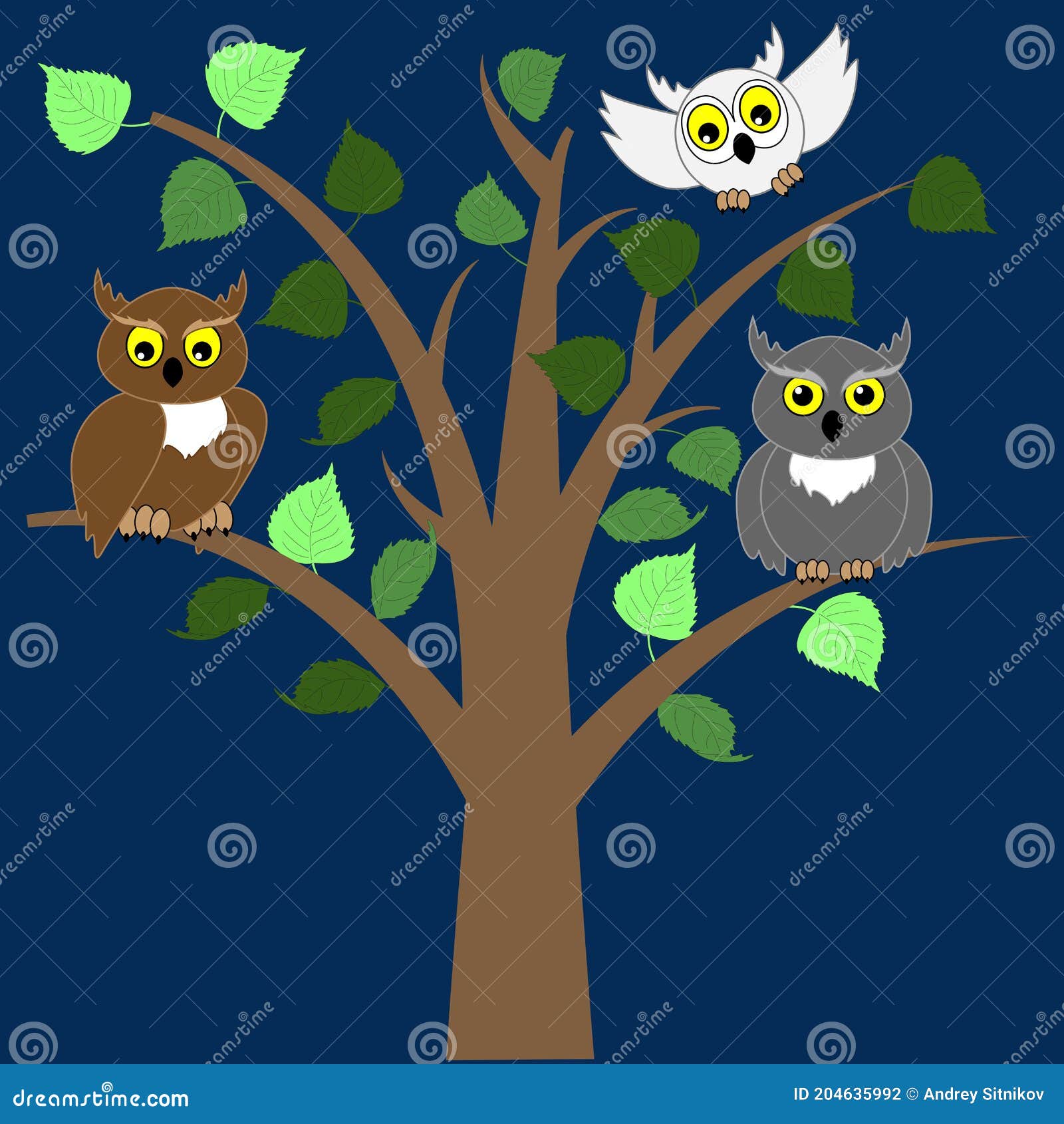 Three Owls of Various Colors at Night. Stock Vector - Illustration of ...