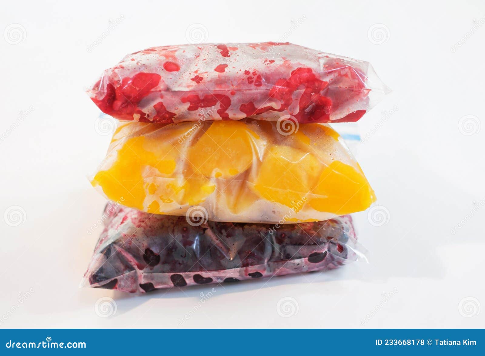 Three Packages with Frozen Fruts on White Background, Front View. Stock ...