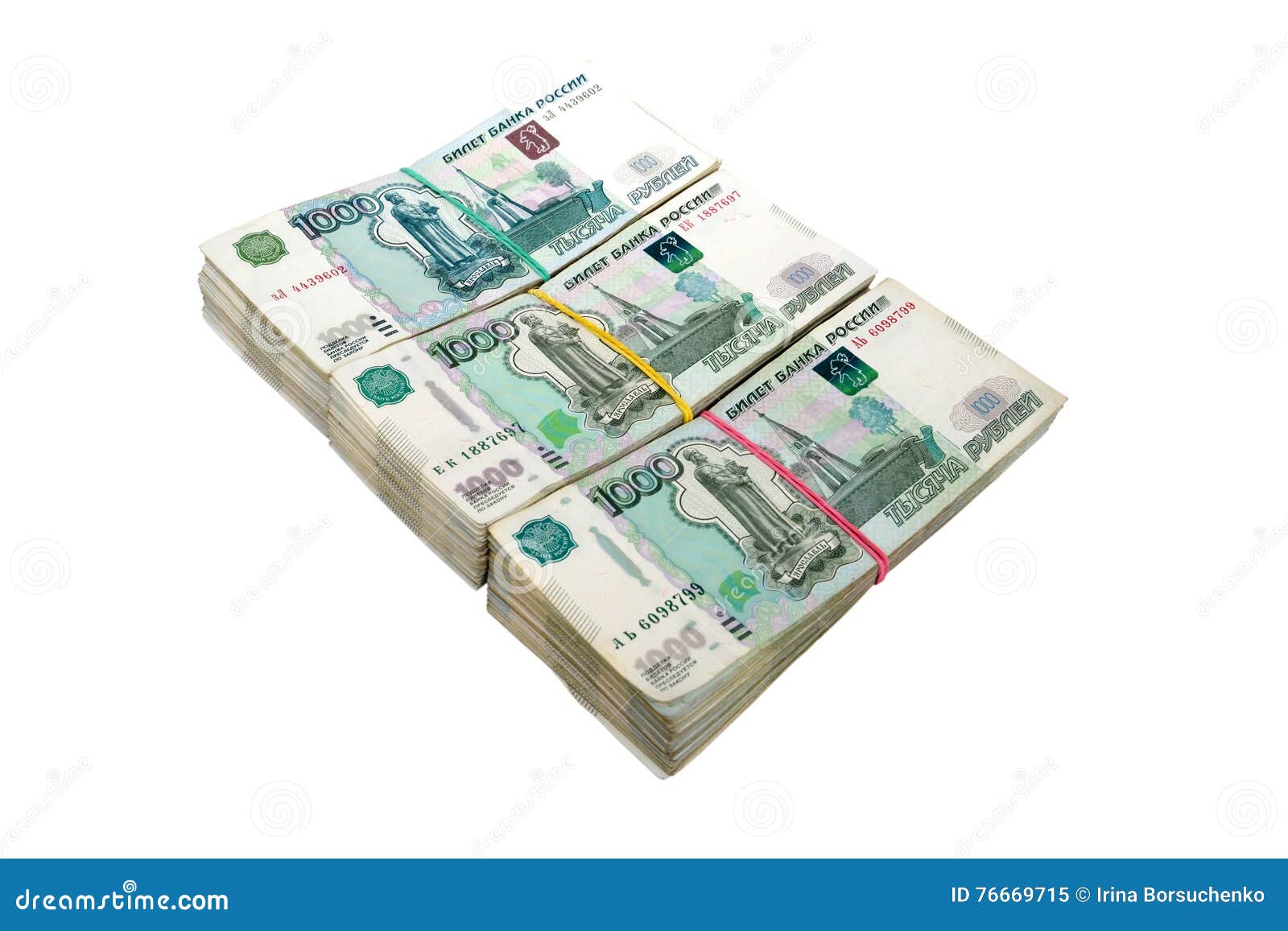 Three Packs of the Russian Thousand-ruble Notes are on a White ...
