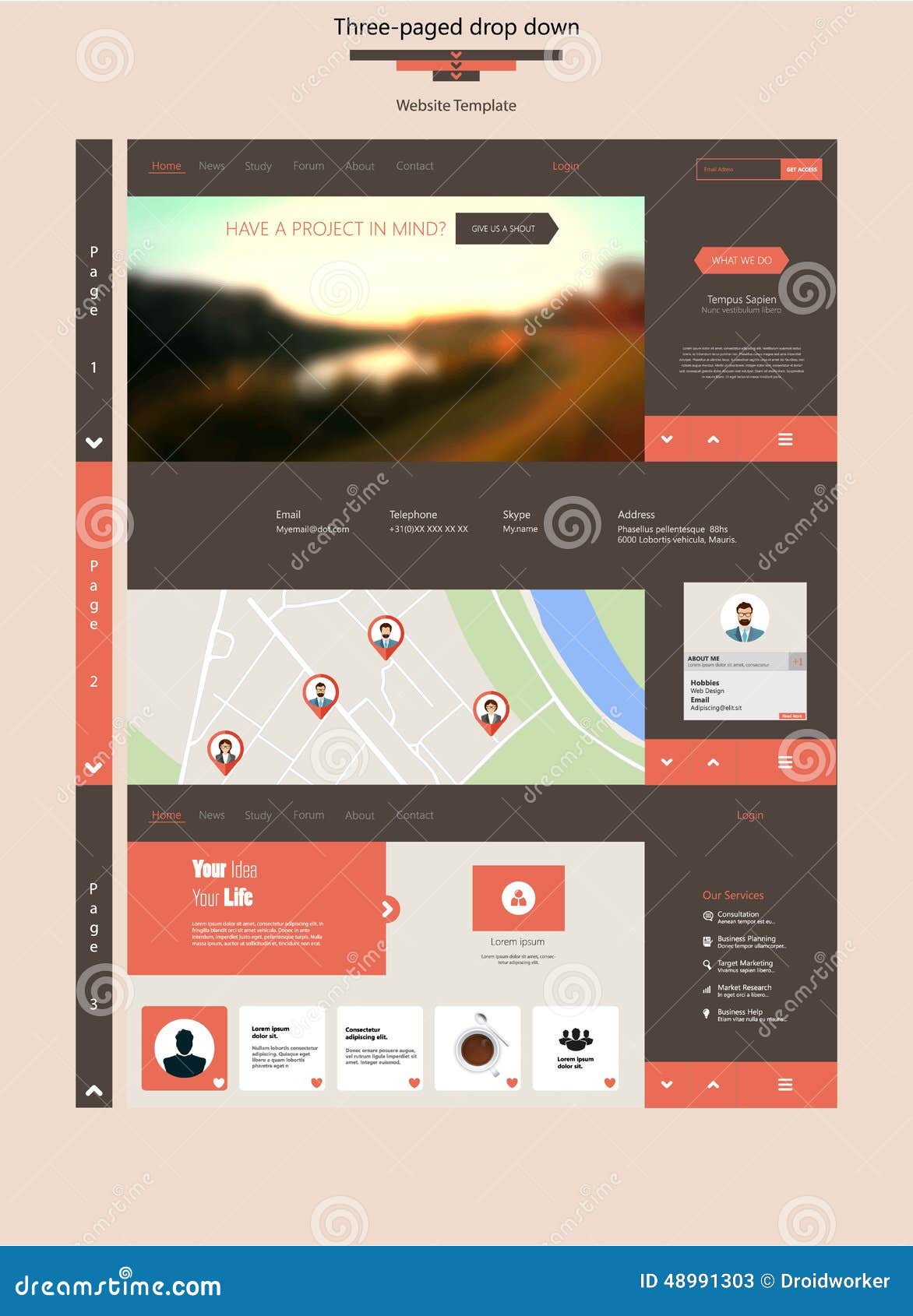 Three Page Drop Down Flat Website Template Stock Vector - Illustration ...