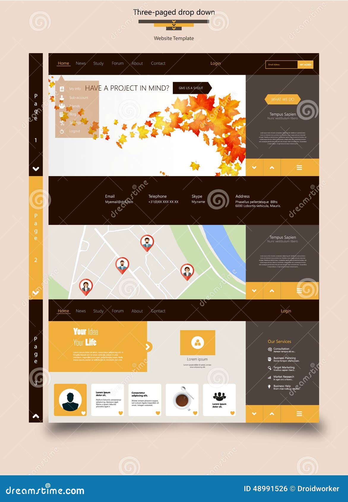 Three Page Drop Down Flat Website Template Stock Vector - Illustration ...