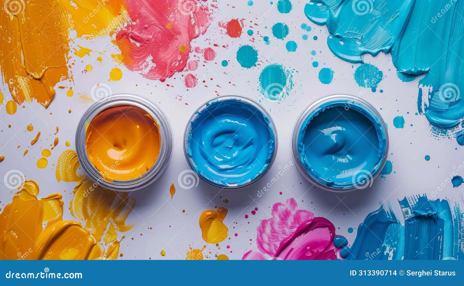 Three Paint Cans with Different Colors of Paints on a White Surface, AI ...