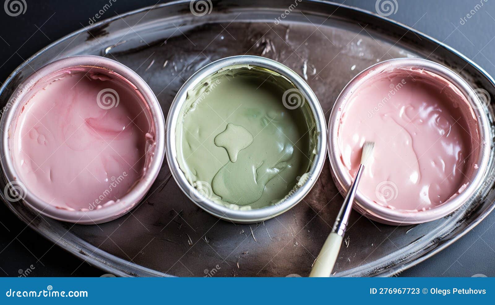 Three Paint Cans with Pink and Green Paint and a Brush Stock Image ...