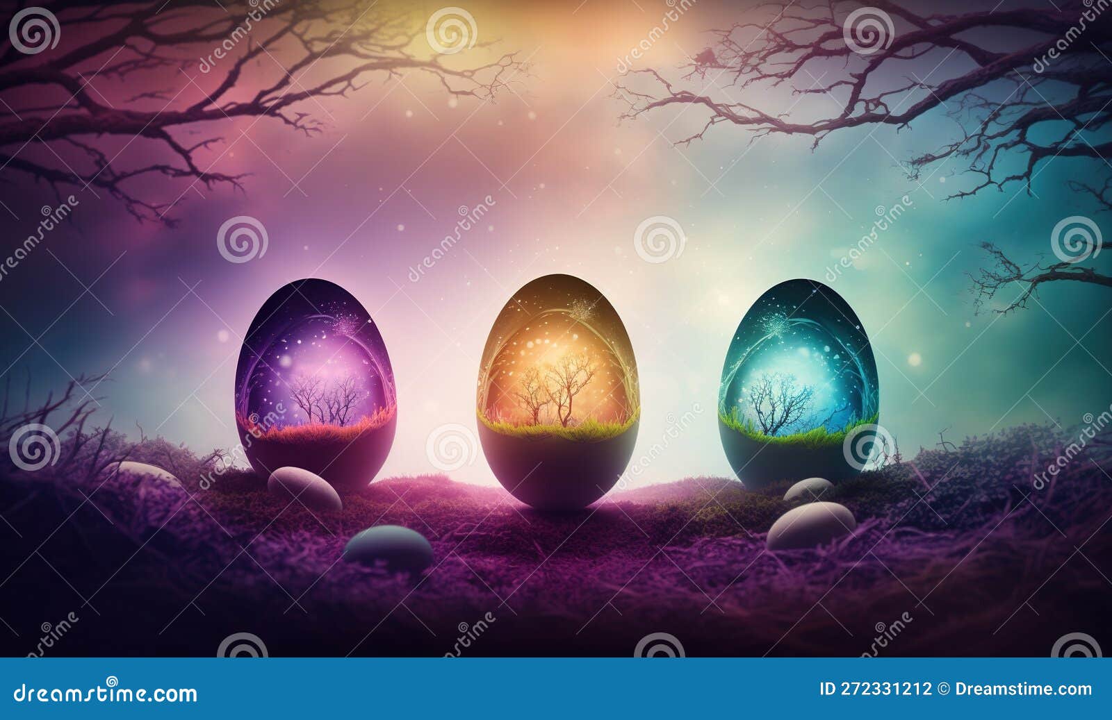 Three Painted Eggs Sitting in the Grass with Trees in the Background ...