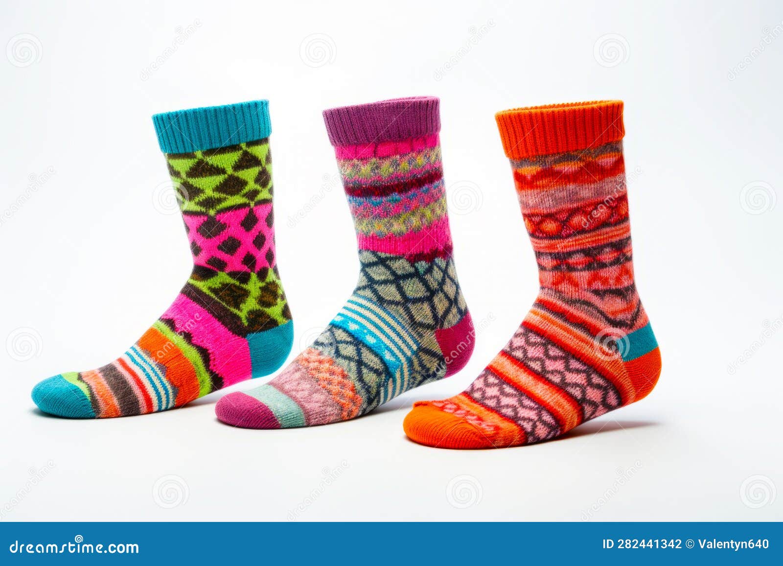 Three Pairs of Multicolored Socks are Shown in Three Different Styles ...