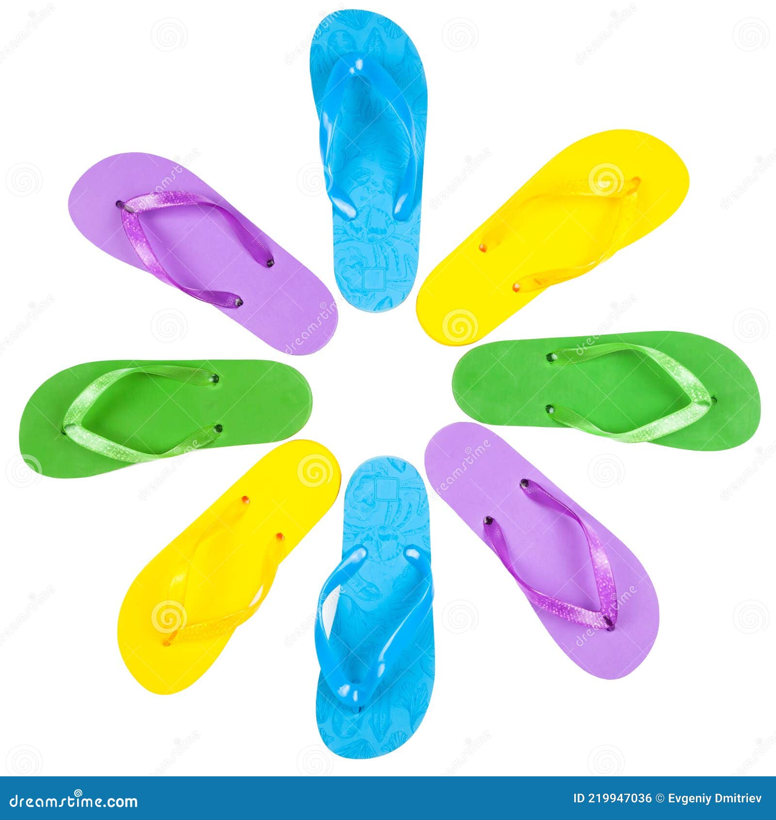 Three Pairs of Rubber Beach Flip Flops of Different Colors on a White ...