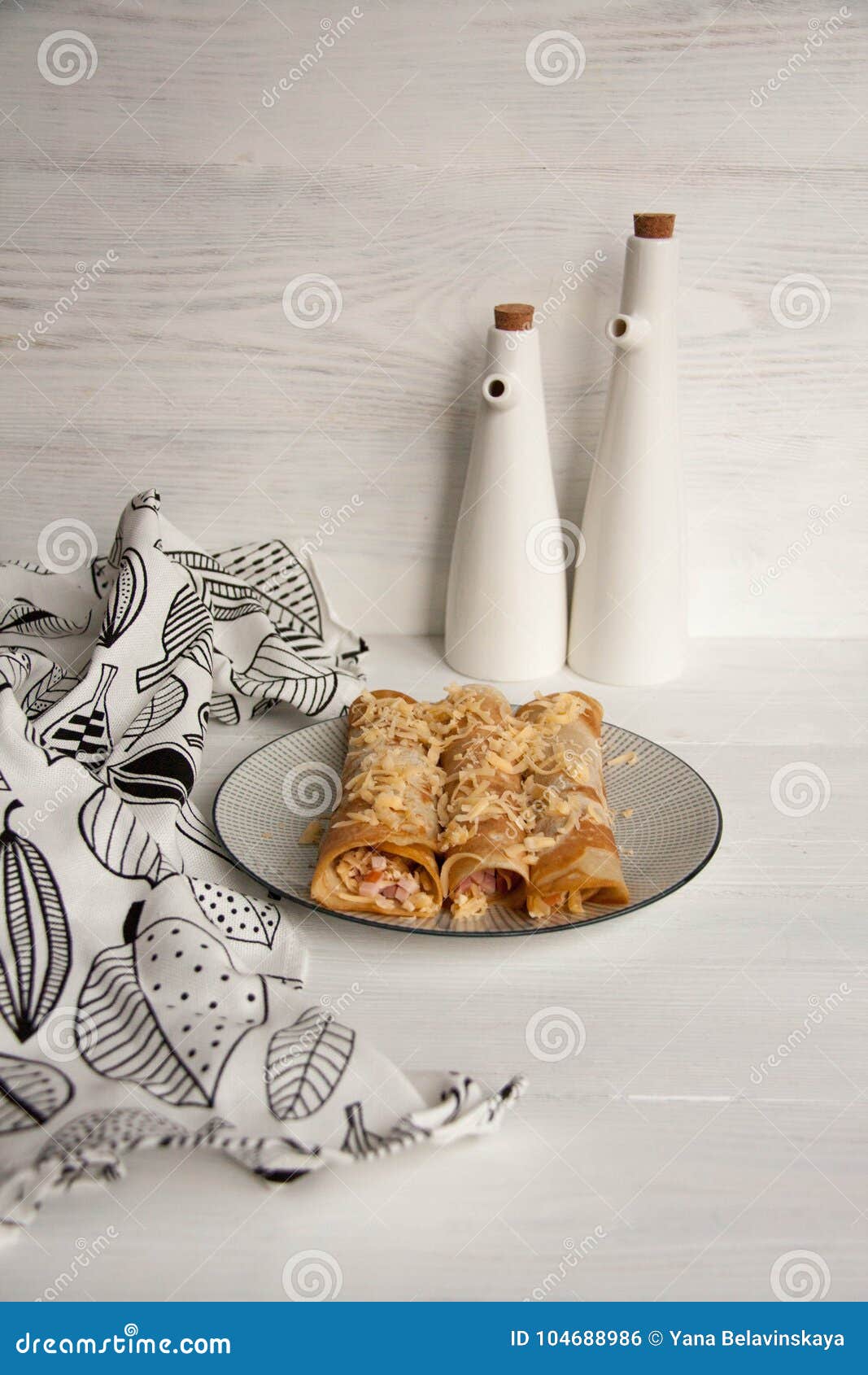 Three Pancakes with Ham and Cheese on a Plate Stock Photo - Image of ...