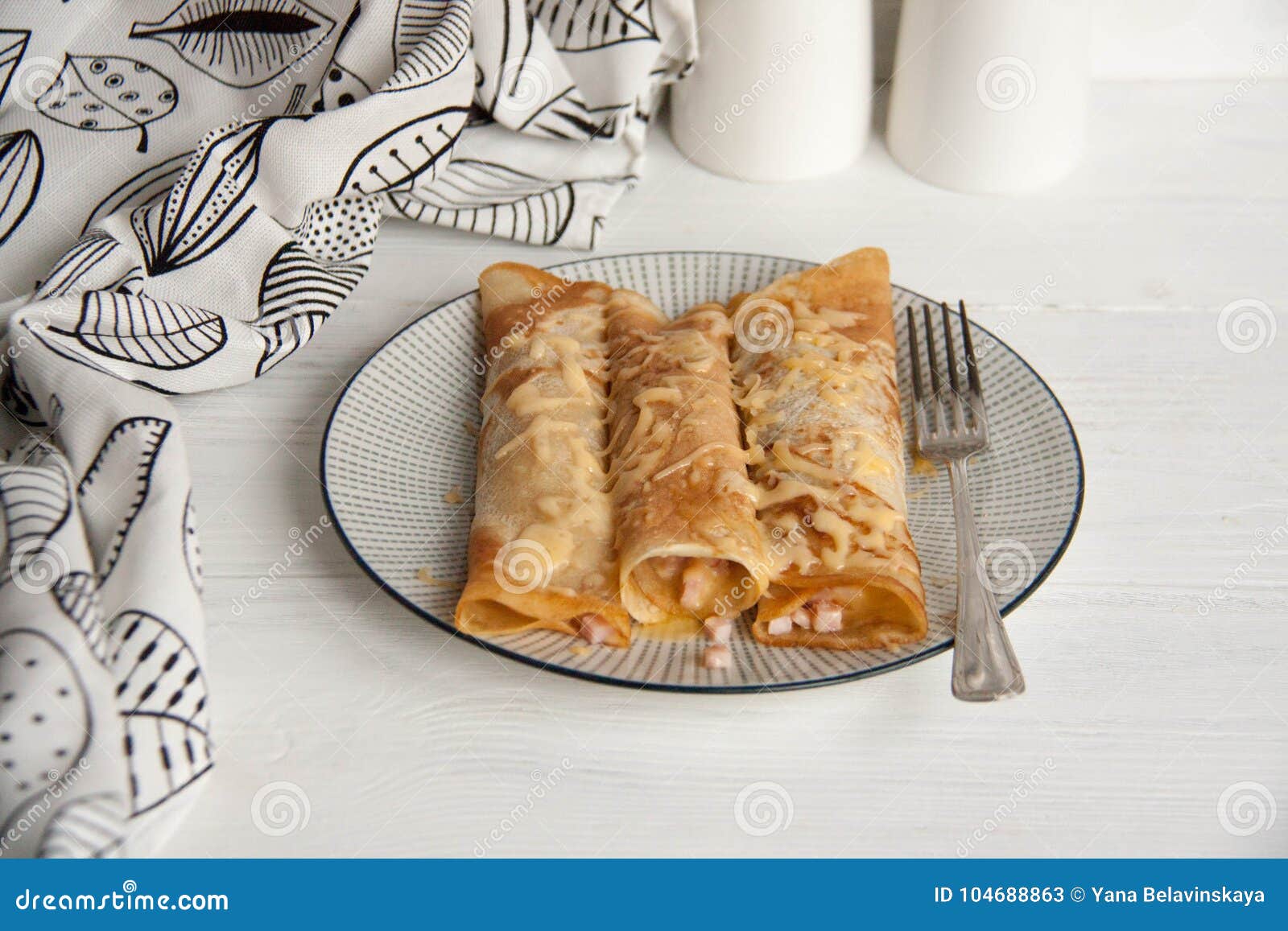 Three Pancakes with Ham and Cheese on a Plate Stock Image - Image of ...