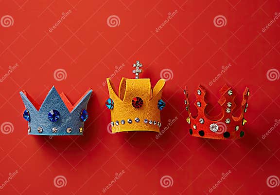Three Paper Crowns Displayed on a Vibrant Red Background Stock Photo ...