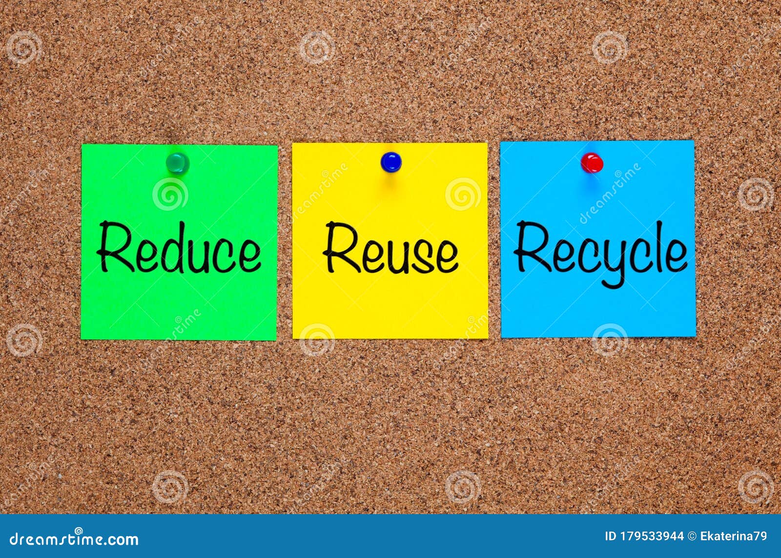 Three Paper Notes on Corkboard with Words Reduce, Reuse, Recycle Stock ...