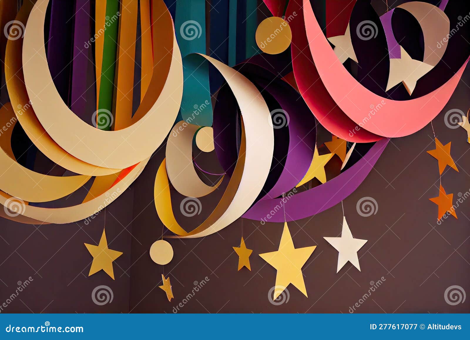 Three Paper Streamers of Different Colors with Star and Moon Cut-outs ...