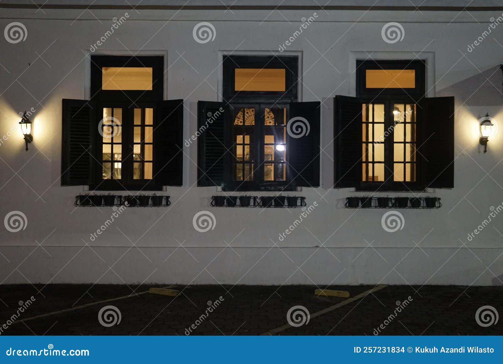 Three Parallel Windows that Open at Night Stock Photo - Image of design ...