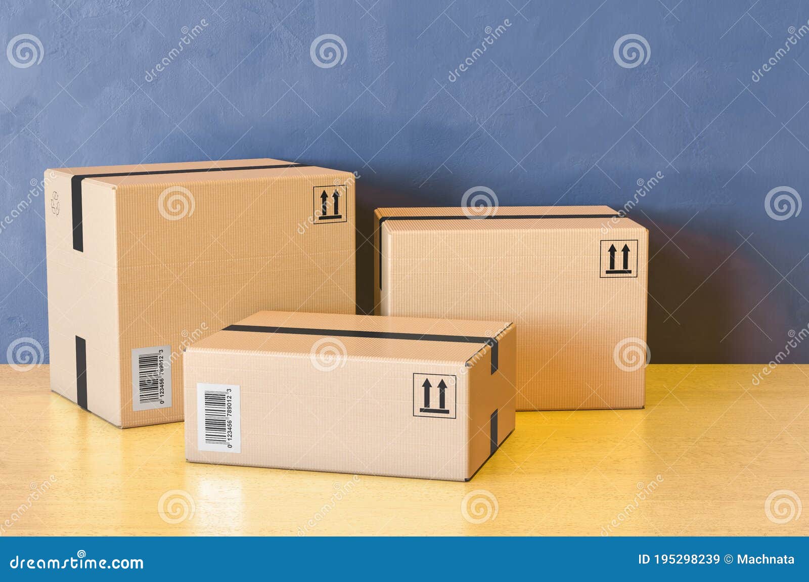 Three Parcels. Shipping and Logistics on the Wooden Table. 3D Rendering ...