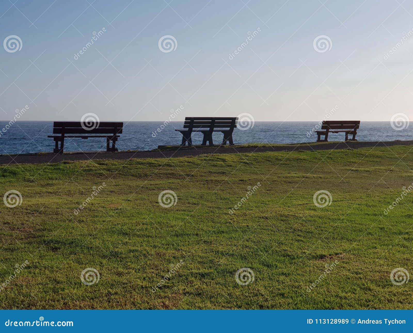 Three Park Benches Looking Out To Sea Stock Image - Image of blue, view ...