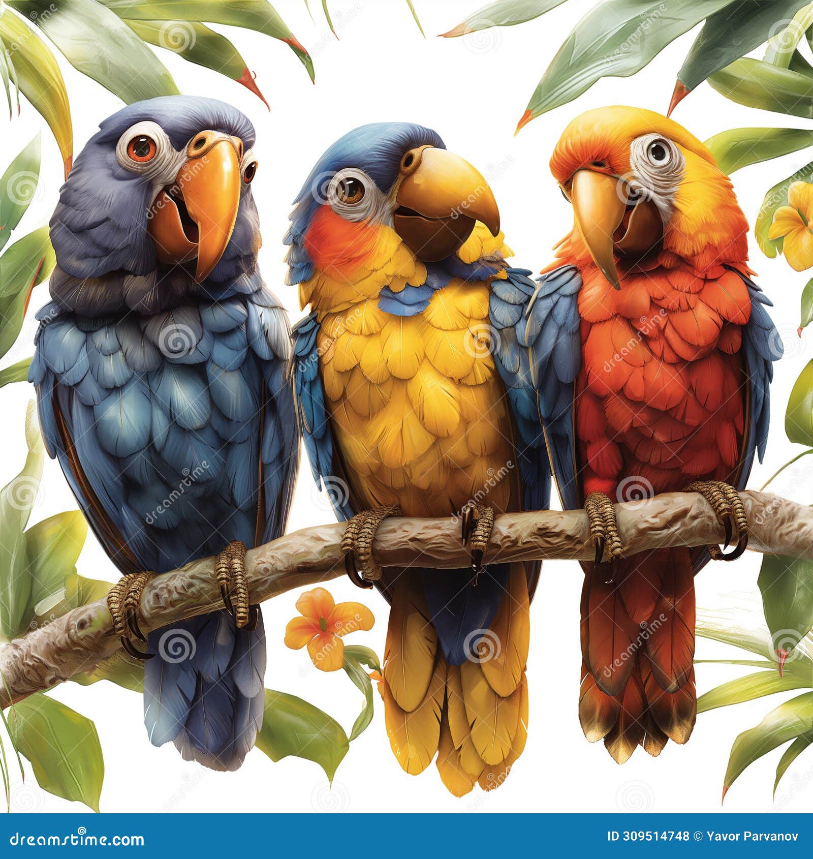 Three Parrots on a Tree Branch in the Tropical Forest, AI Generated Stock Illustration ...