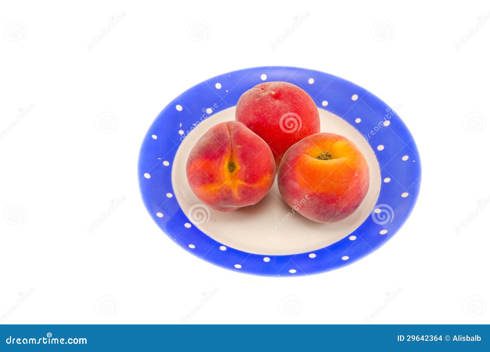 Three Peach in Blue Plate Isolated on White Stock Photo - Image of ...