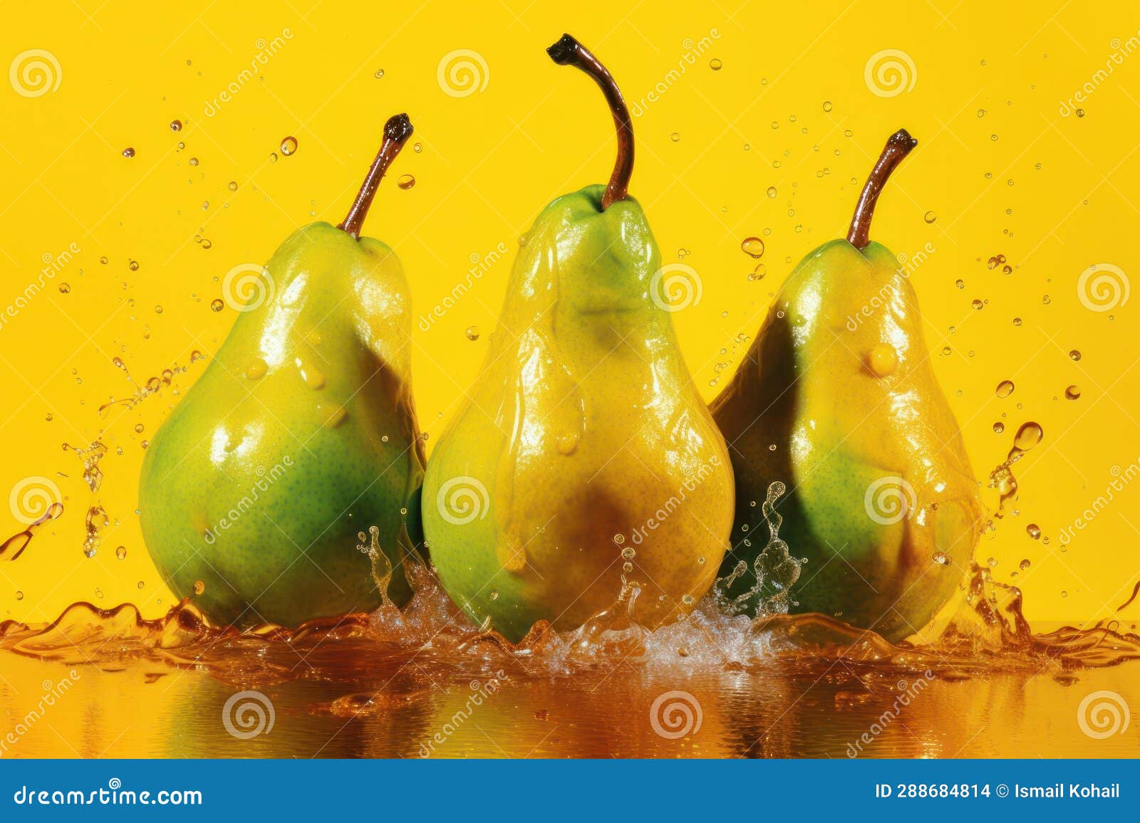 Three Pears are Splashed with Water on an Orange Background, Created by ...