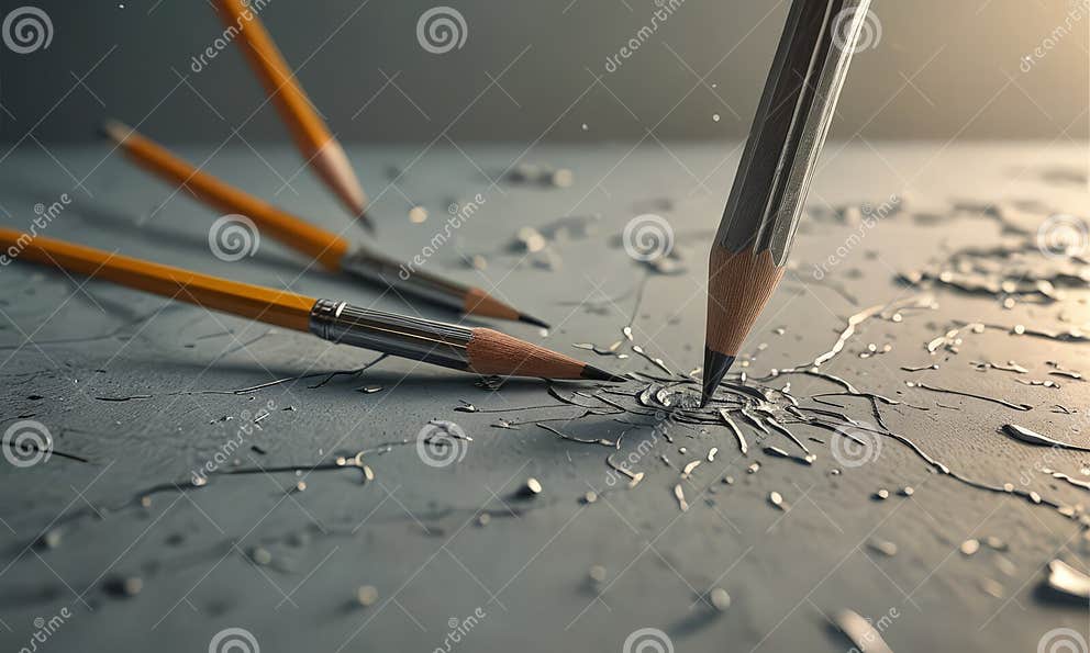 Three Pencils with Sharpened Tips Lie on Gray Surface, with One Pencil ...