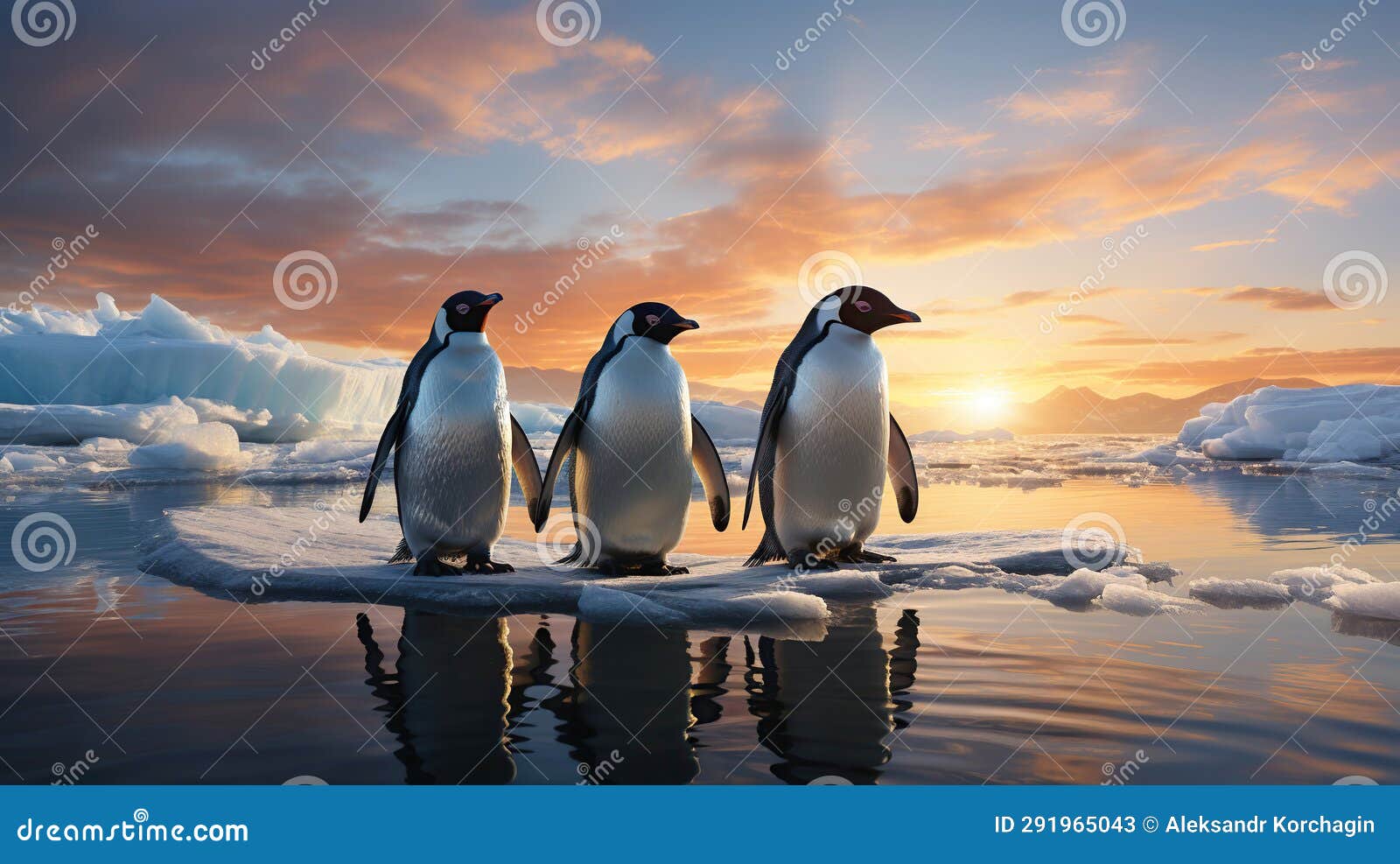 Three Penguins on an Ice Floe in Ocean Water in Winter Stock Image ...
