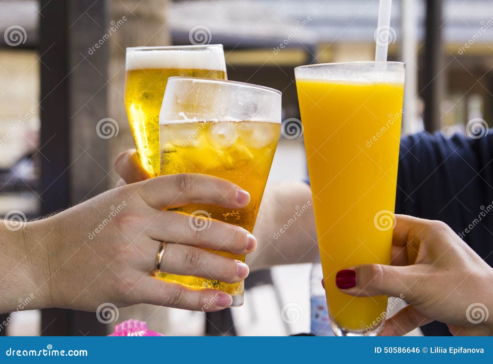 Three People Clink Glasses with Drinks Stock Photo - Image of area ...