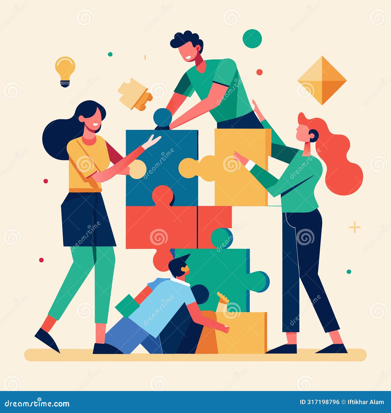 Three People Collaborate To Complete a Puzzle, Focusing on Connecting ...
