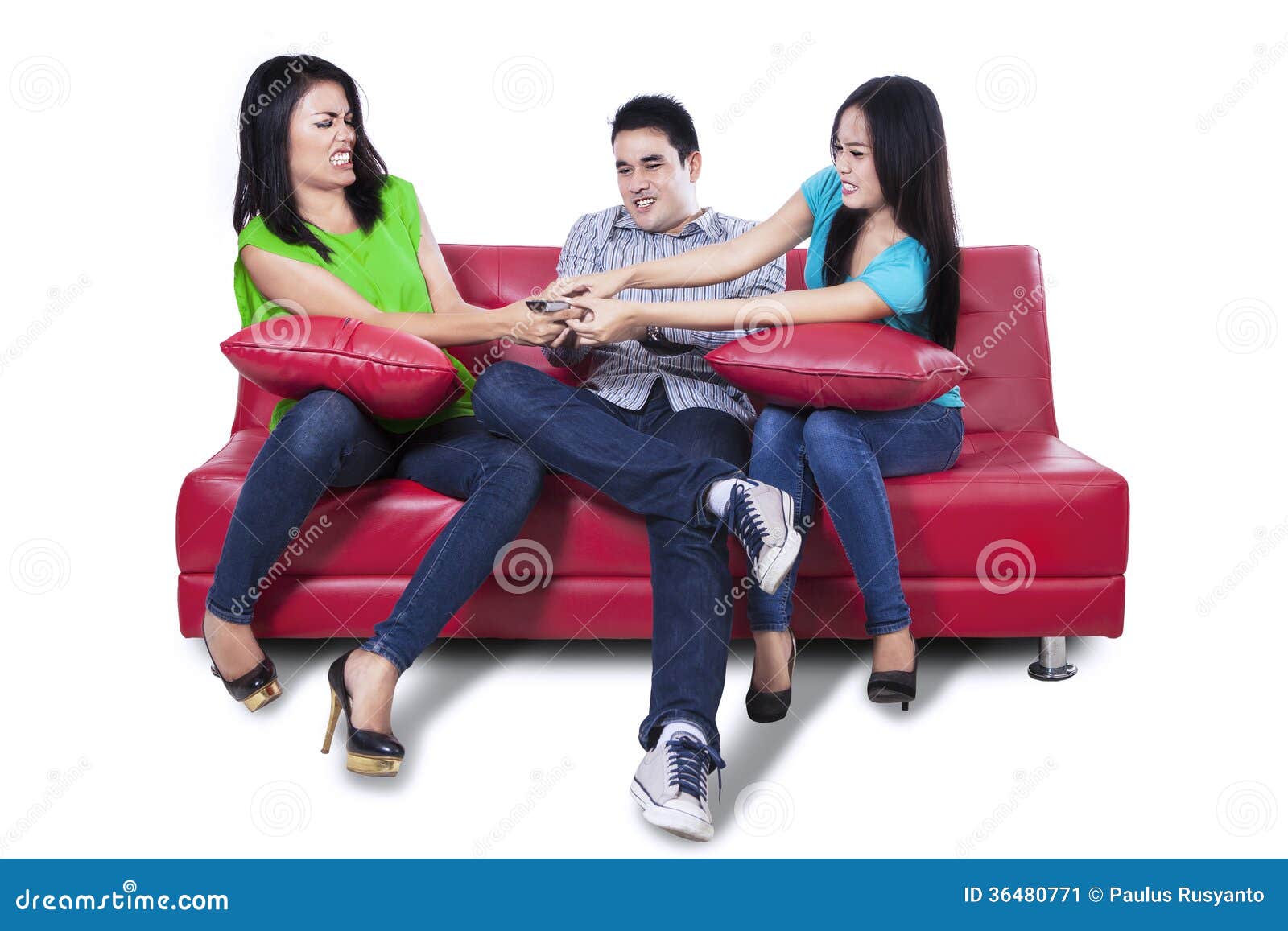 Three People Fighting for Remote Control Stock Image - Image of casual ...