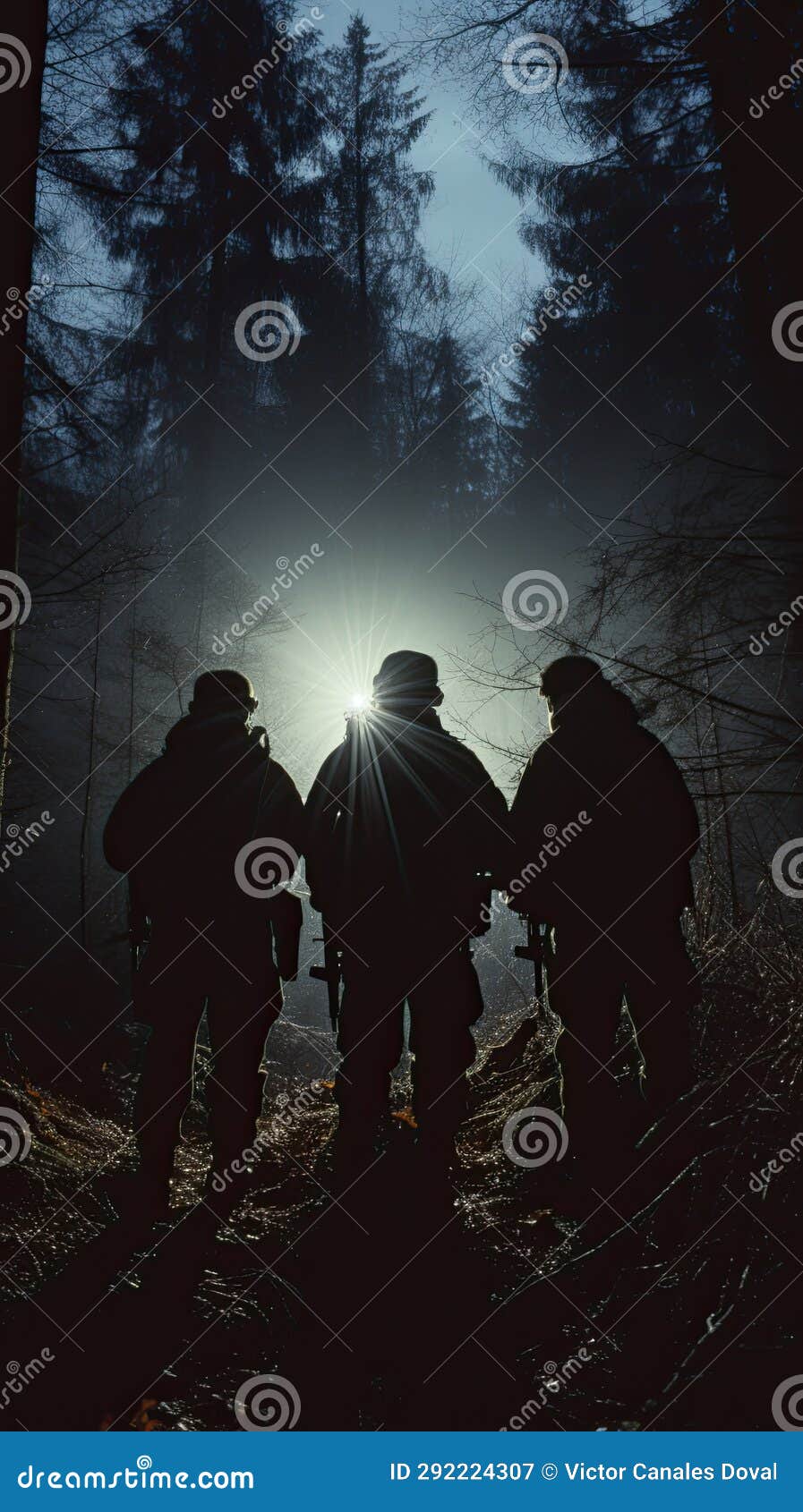 Three People with Flashlight at Night in the Forest Stock Illustration ...