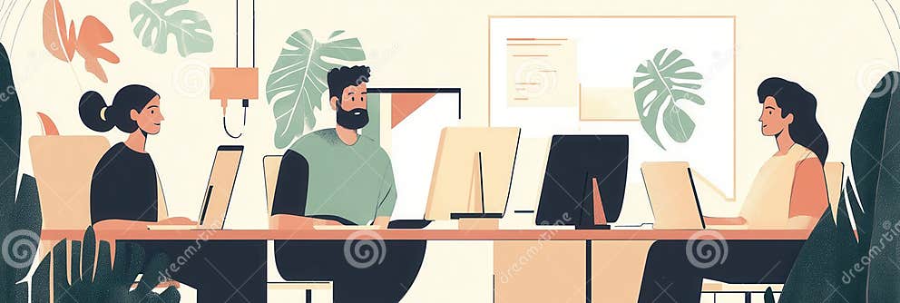 Three People Focus on Their Computer Screens in a Bright Office Space ...