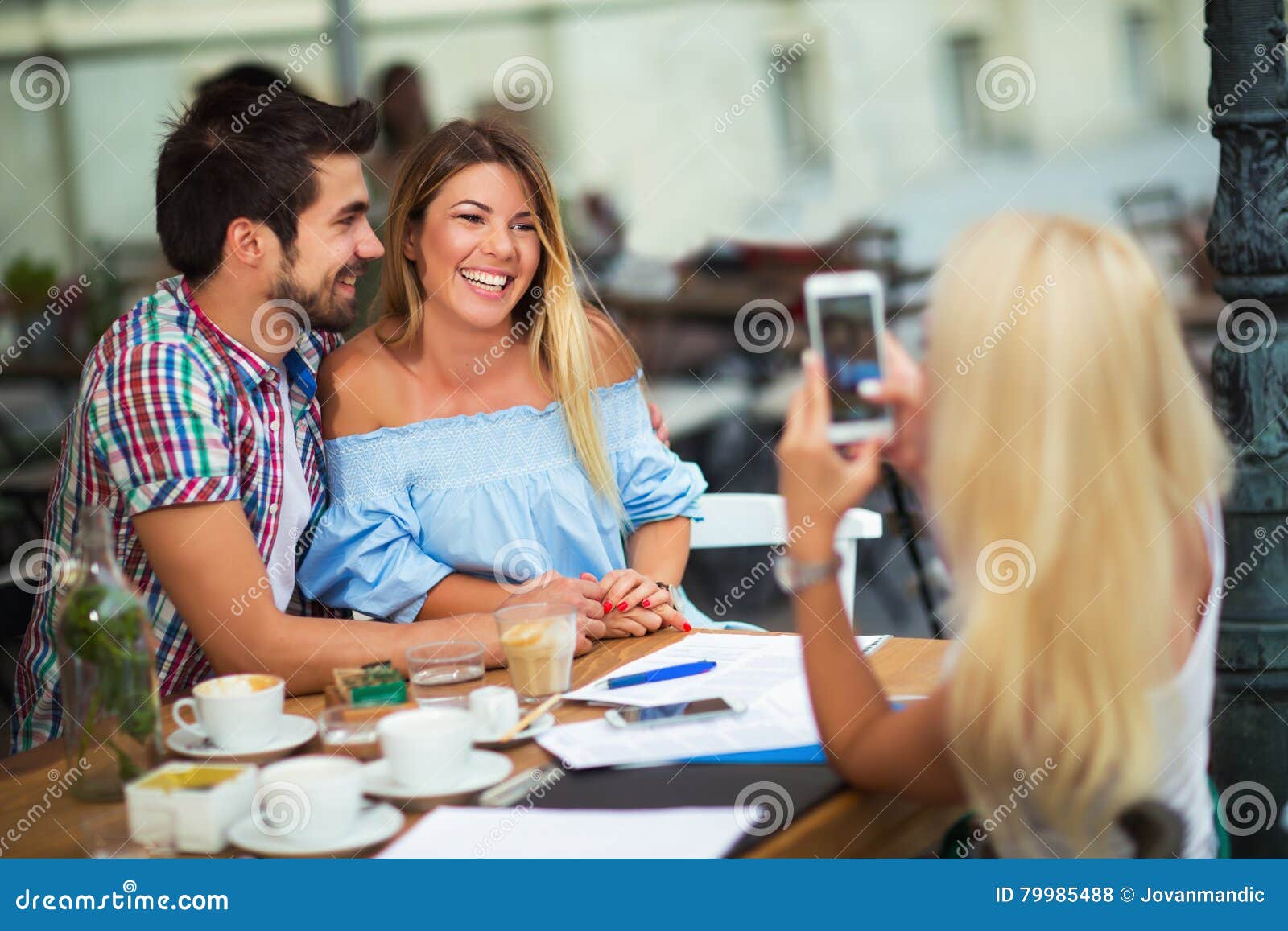 Three People Having Fun in Cafe Stock Photo - Image of clothing ...