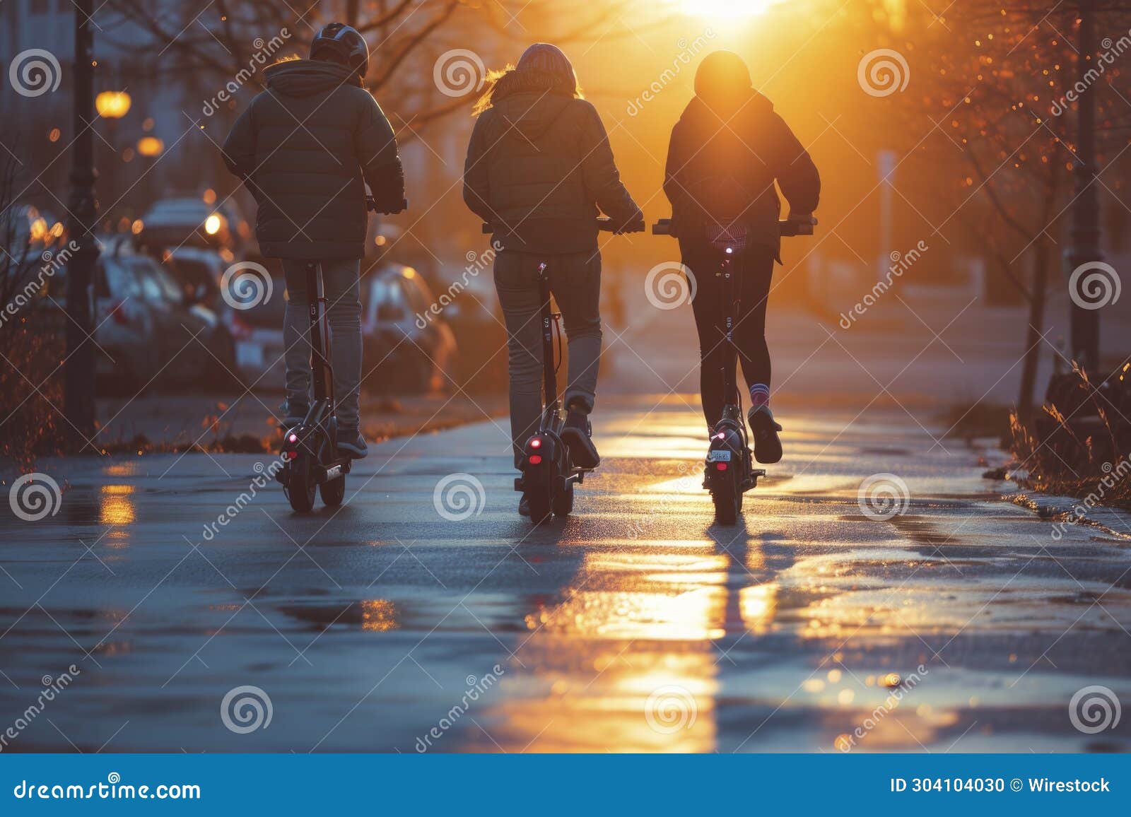 Three People Riding Scooters on a Sidewalk at Sunset, AI-generated ...