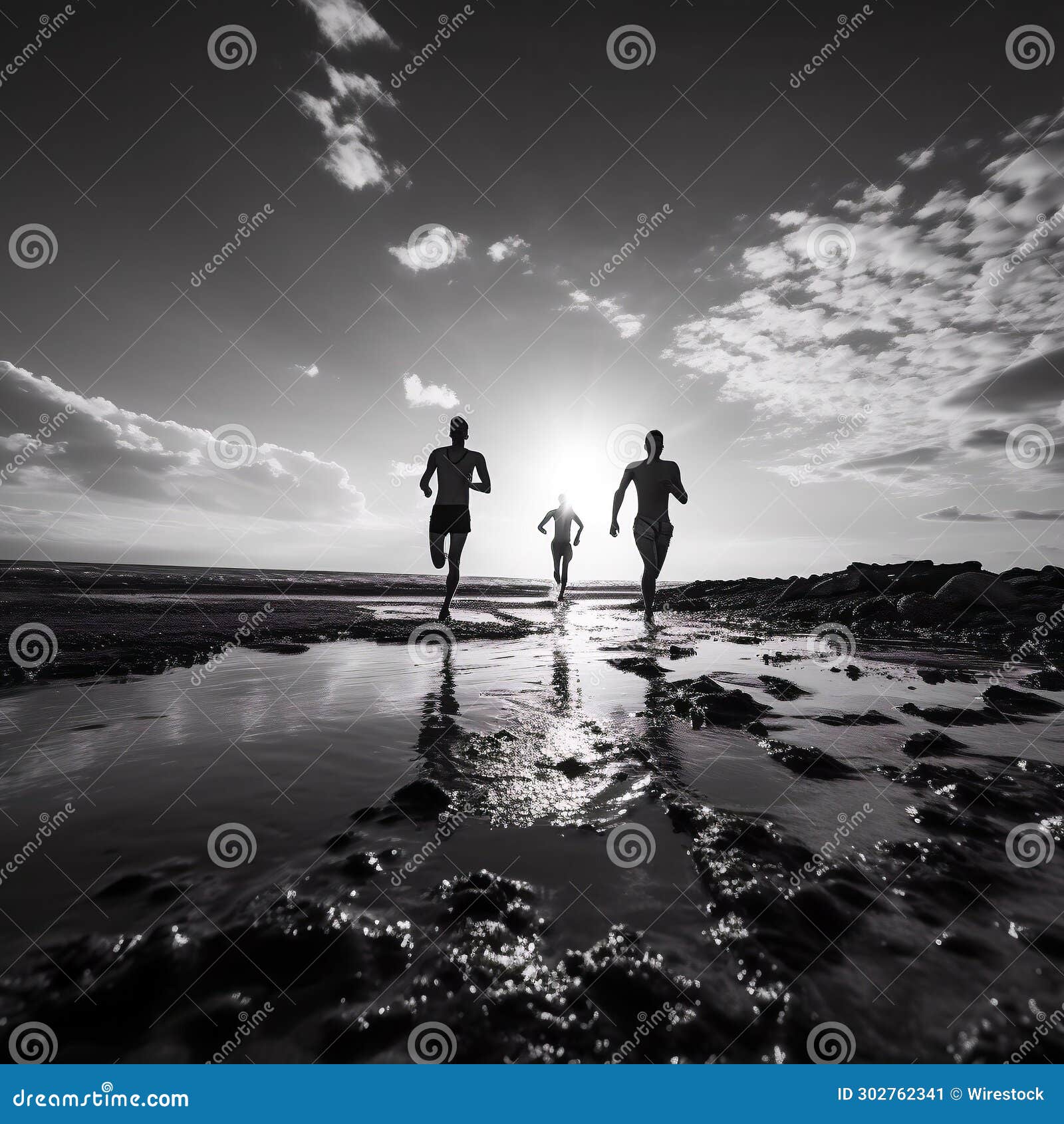 Three People Running in Silhouette Along a Beach in Black and White ...