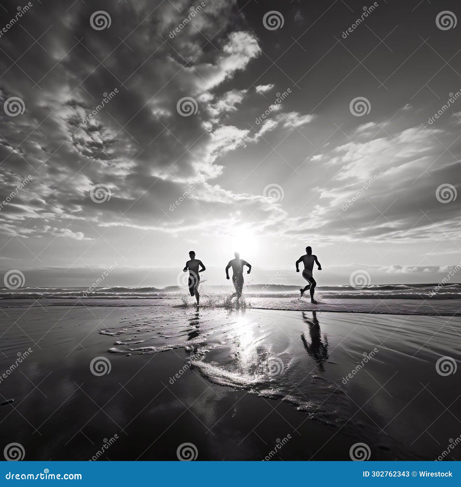 Three People Running in Silhouette Along a Beach in Black and White ...