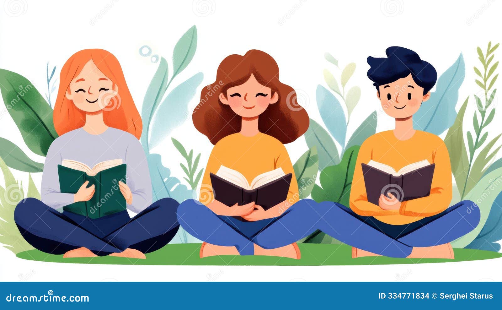 Three People Sitting on the Ground with Books in Their Hands, AI Stock ...