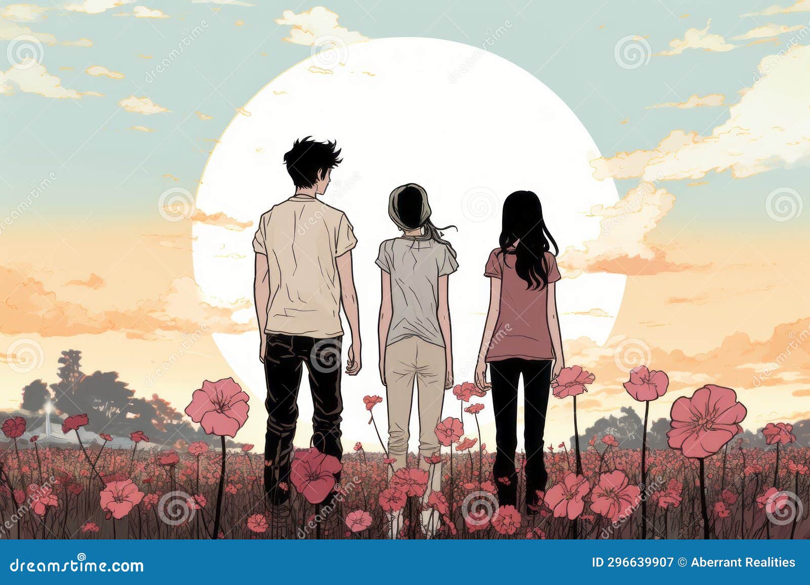 Three People Standing in a Field of Poppies Stock Illustration ...