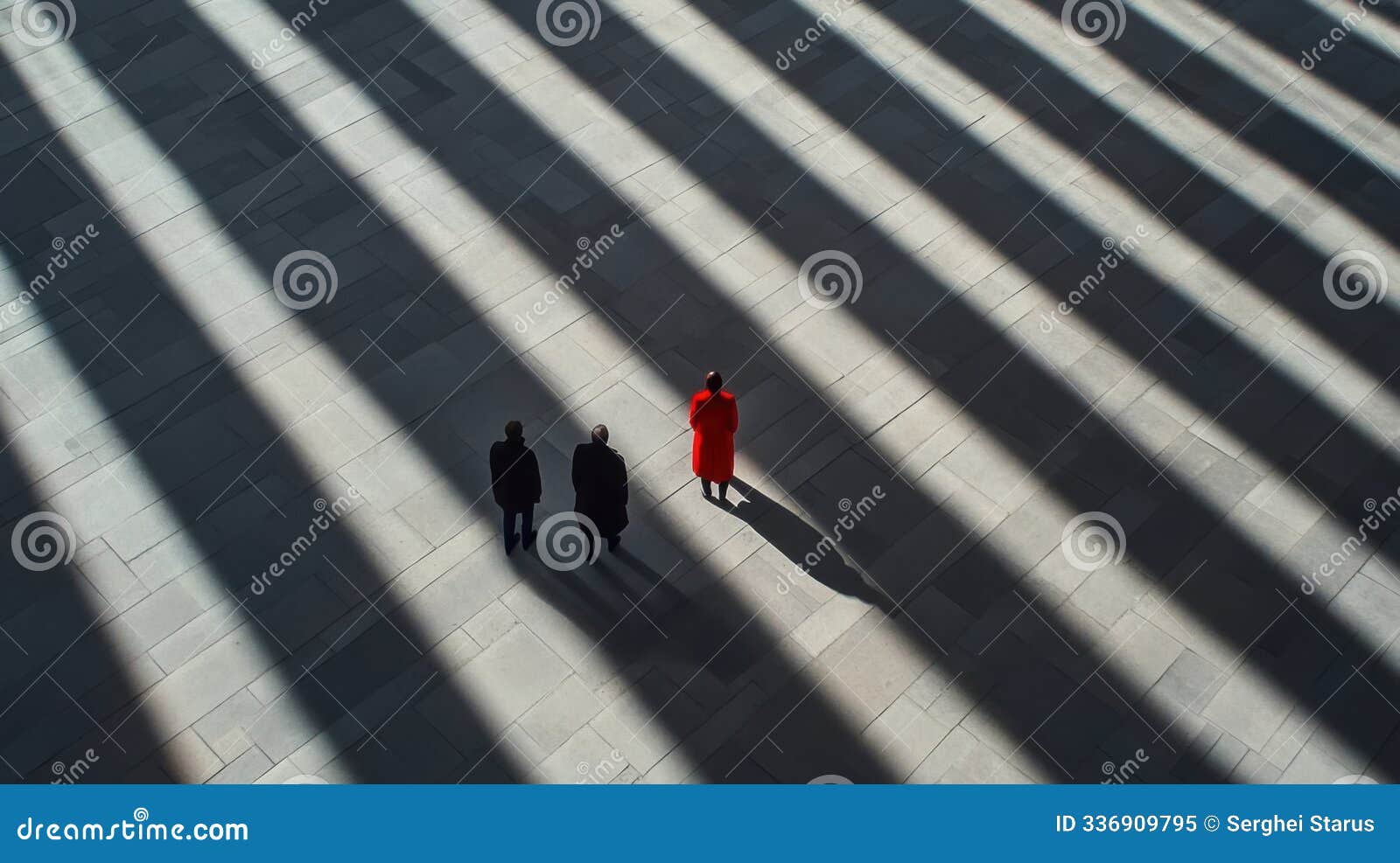 Three People Standing on a Tiled Floor with Shadows of the Sun, AI ...
