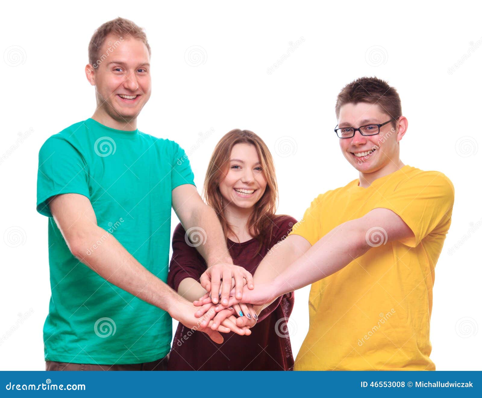 Three People Team Keeps on with Your Hands Stock Photo - Image of smile ...