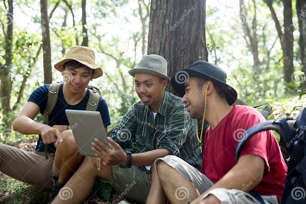 Three People Using Tablet Pc Together Stock Photo - Image of leisure ...
