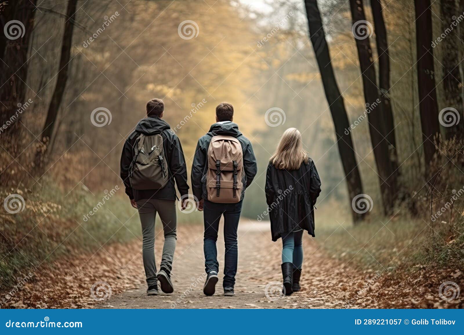 Three People Walking Down a Path in the Woods Stock Image - Image of ...