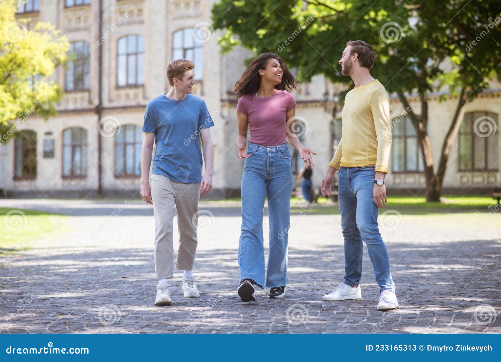 Three People Walking in the Park and Discussing Something Stock Image ...